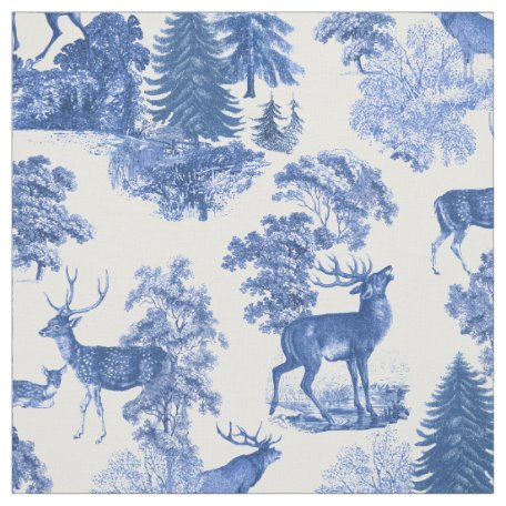 Elegant Vintage Woodland Animal Blue Toile Pattern Fabric | Zazzle