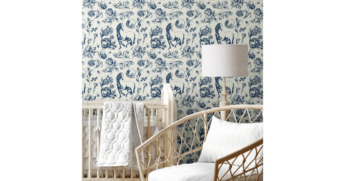 Elegant Vintage Blue Toile Horse Floral Pattern Wallpaper | Zazzle