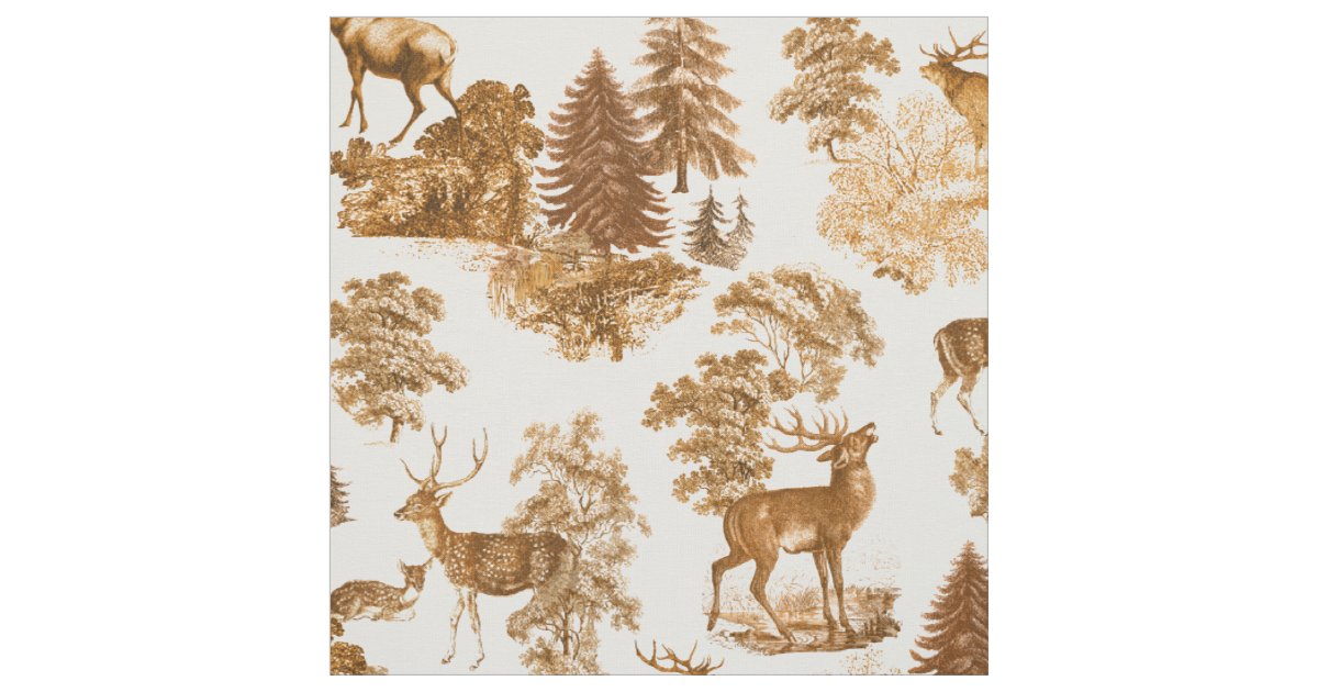 Elegant Vintage Brown Toile Deer Woodland Fabric | Zazzle