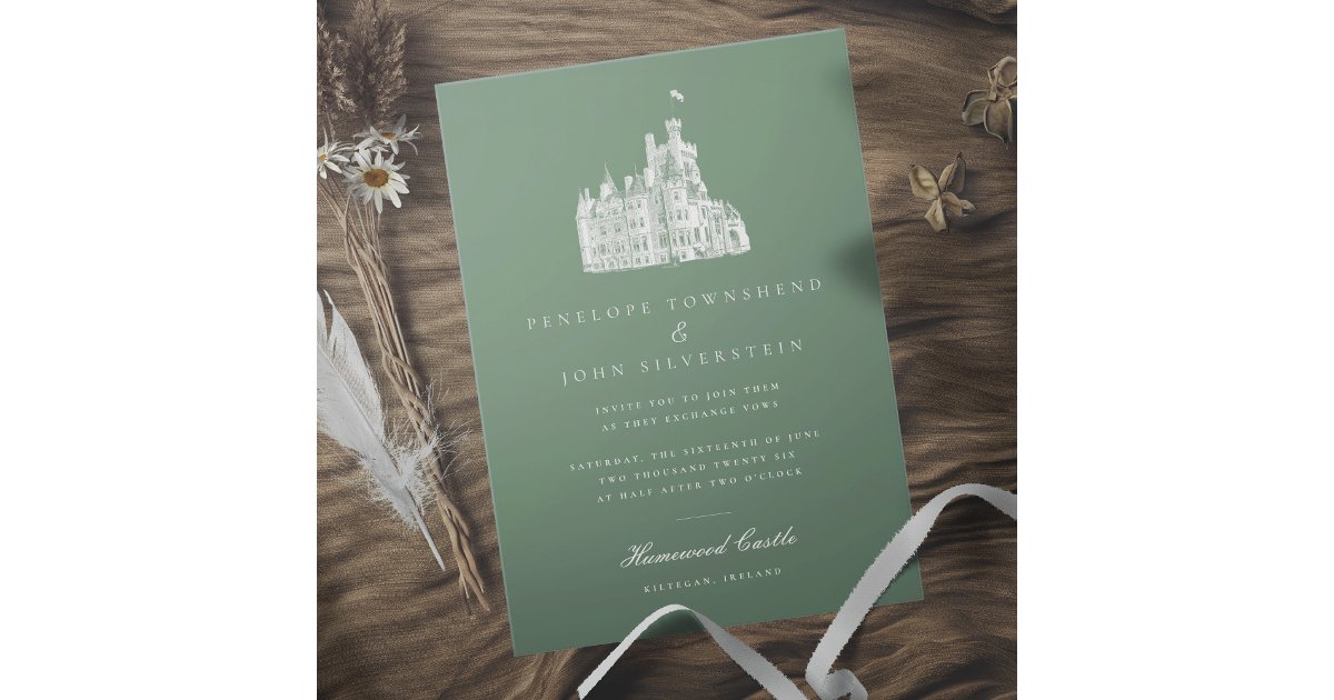 Elegant Vintage Castle Illustration Green Wedding Invitation | Zazzle