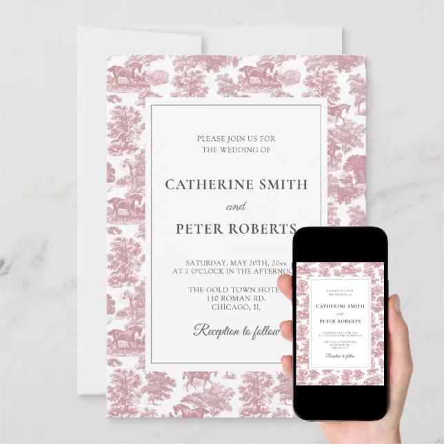 Elegant Vintage Chic Pink Horse Toile Wedding Invitation | Zazzle