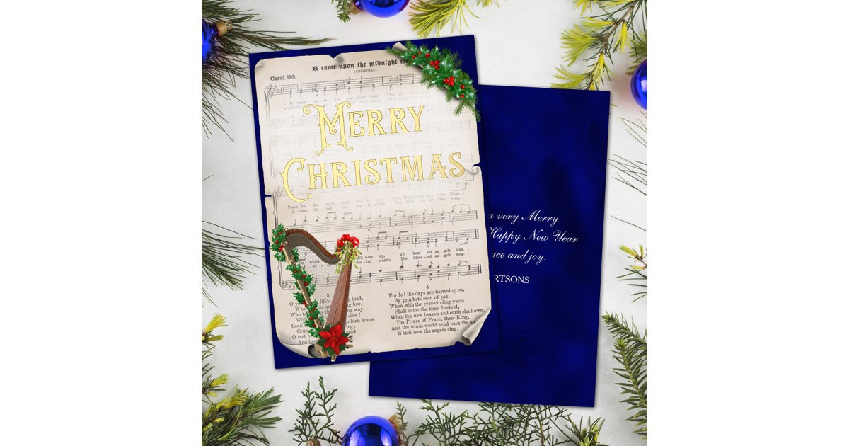 Elegant Vintage Christmas Music Harp Blue Gold Foil Holiday Card | Zazzle