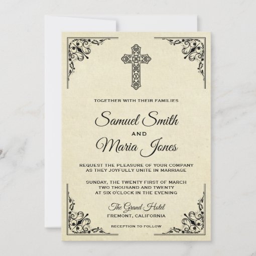 Elegant Vintage Cross Christian Wedding Invitation | Zazzle