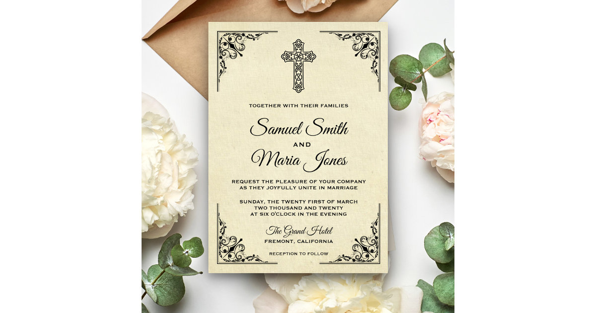 Elegant Vintage Cross Christian Wedding Invitation | Zazzle