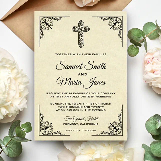 Elegant Vintage Cross Christian Wedding Invitation | Zazzle