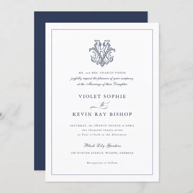 Elegant Vintage Decorative Monogram KV Wedding Invitation | Zazzle