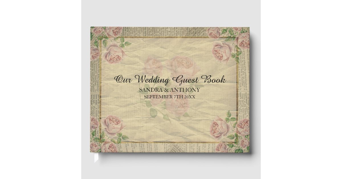 Elegant Vintage Dictionary Print with Roses Guest Book | Zazzle