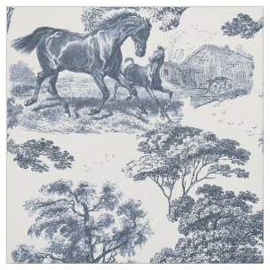 Elegant Vintage Dusty Blue Horse Floral Toile Fabric | Zazzle