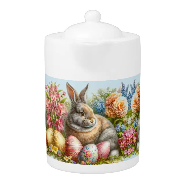 Elegant Vintage Easter Flowers and Rabbit Teapot | Zazzle