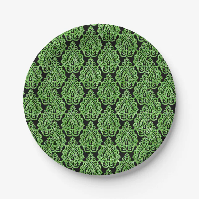Elegant Vintage Emerald Green Black Damask Pattern Paper Plates | Zazzle