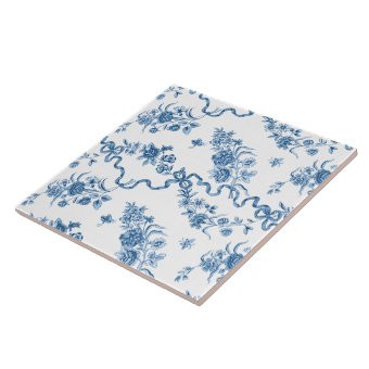 Elegant Vintage Engraved Blue Roses and Ribbons Ceramic Tile | Zazzle