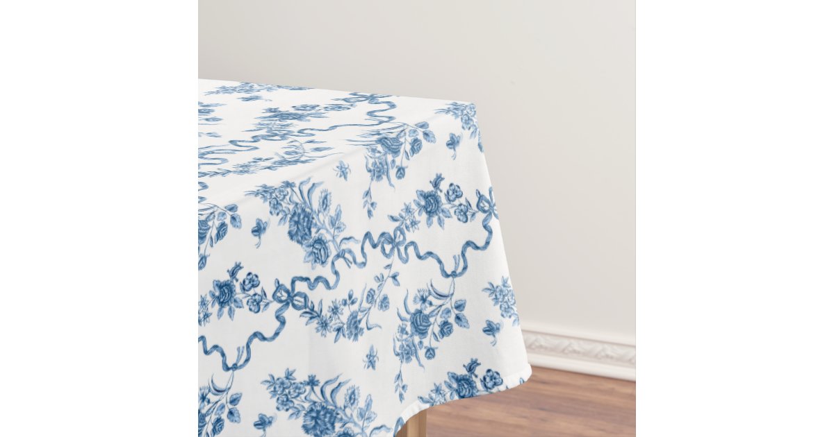 Elegant Vintage Engraved Blue Roses and Ribbons Tablecloth | Zazzle