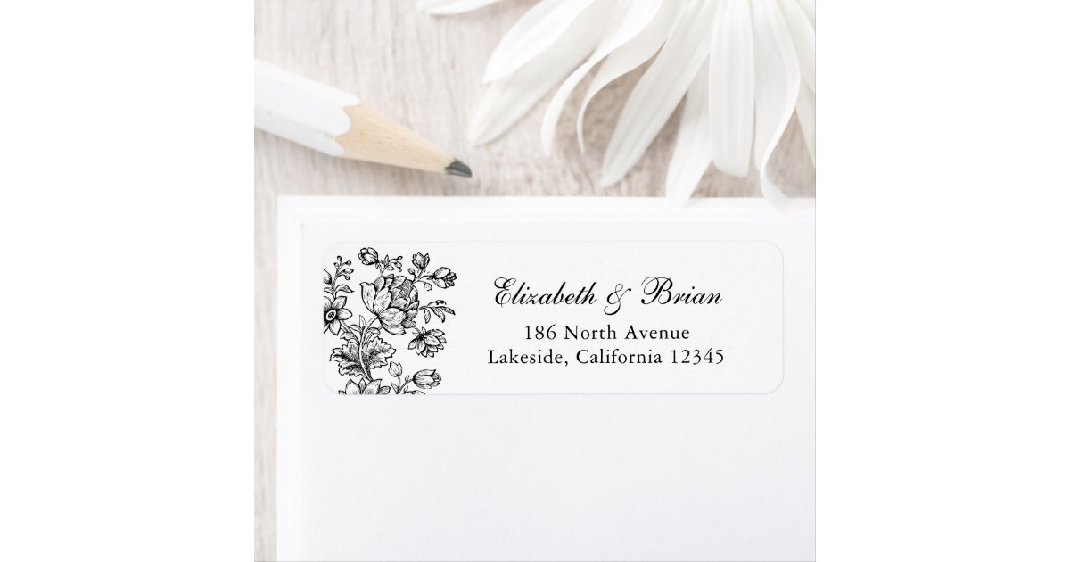 Elegant Vintage Floral Black White Wedding Address Label | Zazzle
