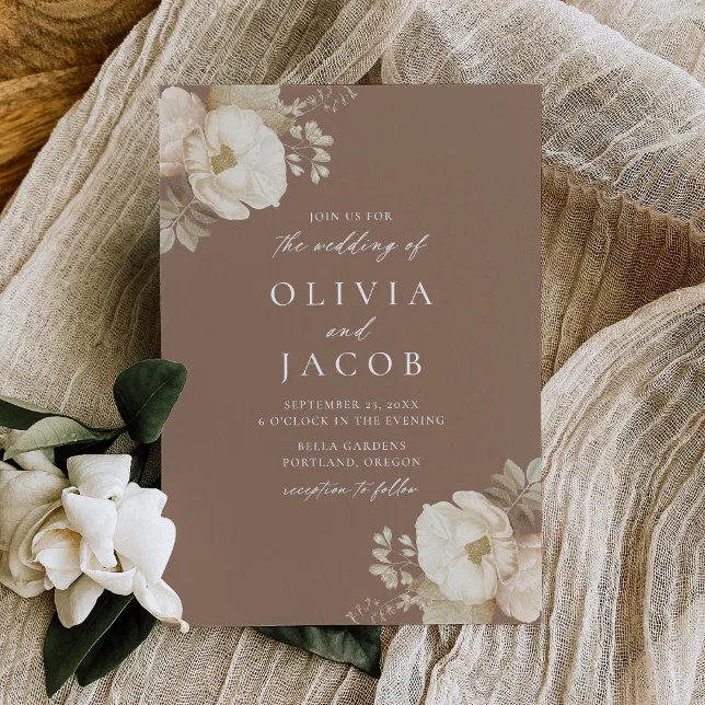 Elegant Vintage Floral Bouquet Brown Wedding Invitation | Zazzle