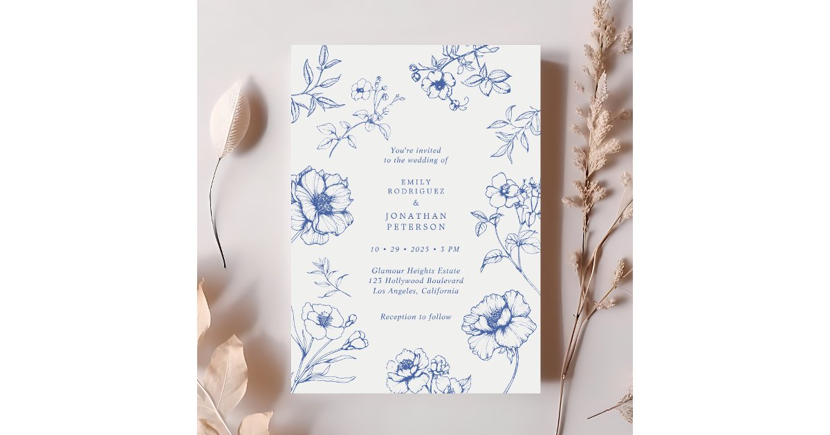 Elegant Vintage Floral French Blue Wedding Invitation | Zazzle