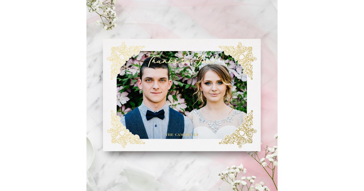 Elegant Vintage Flourish Frame Corners Photo Foil Invitation | Zazzle