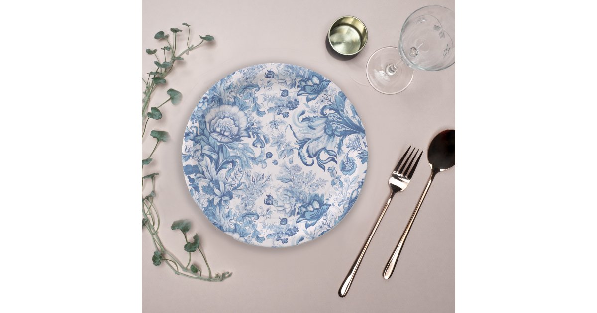 Elegant Vintage French Blue Toile Pattern Paper Plates | Zazzle