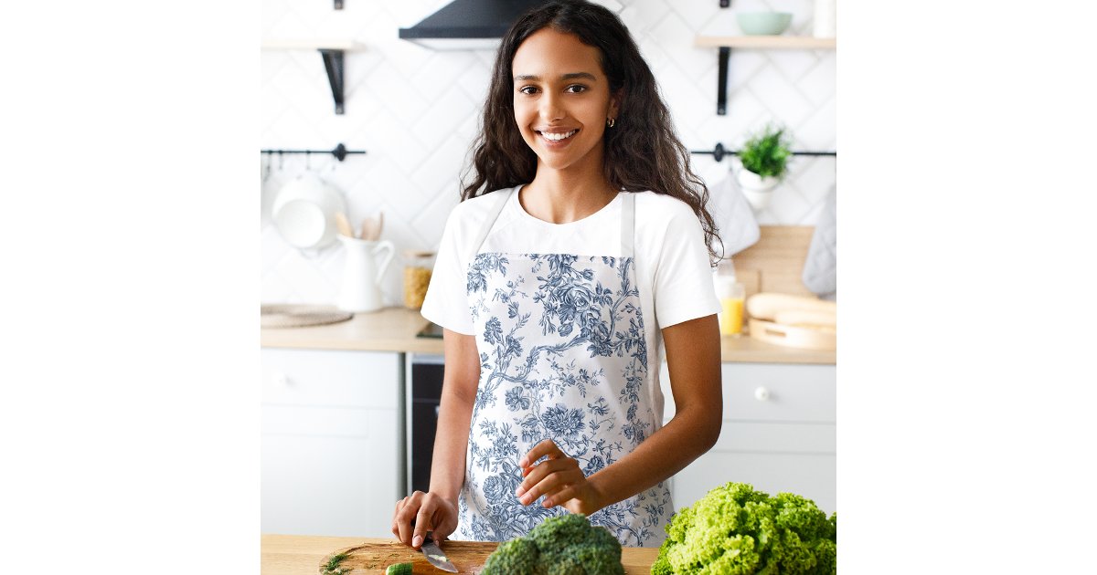 Elegant Vintage French Engraved Floral Toile-Blue Apron | Zazzle