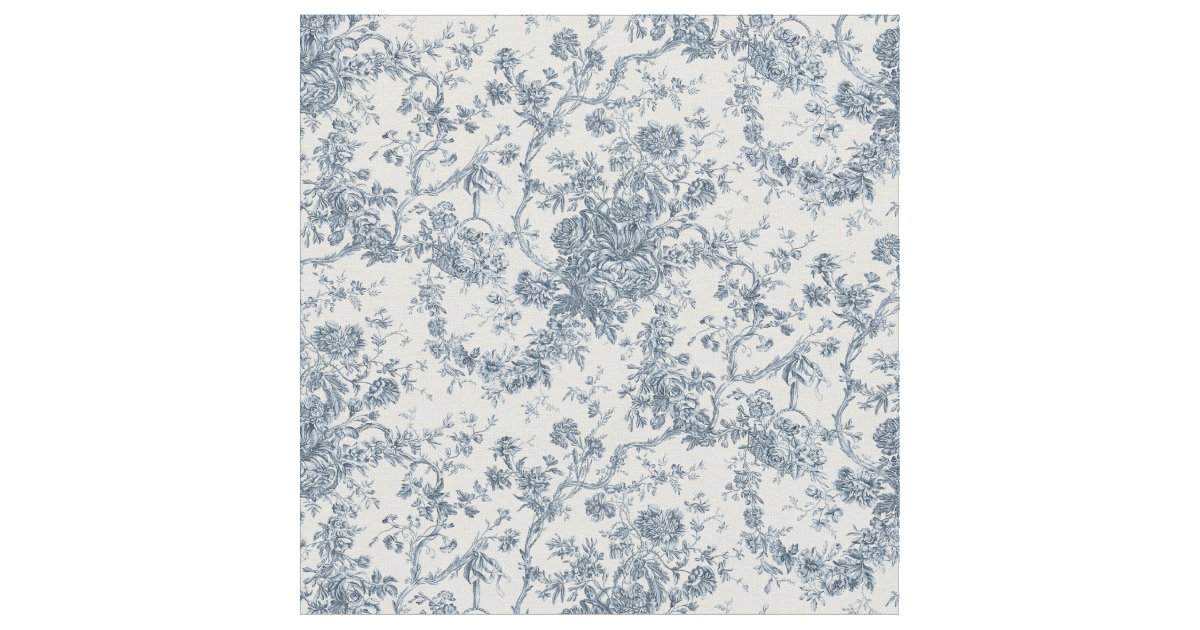 Elegant Vintage French Engraved Floral Toile-Blue Fabric | Zazzle