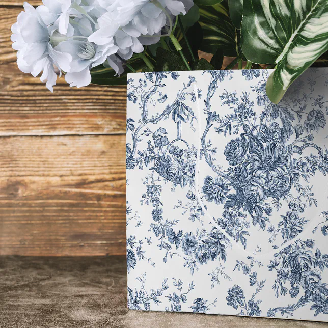 Elegant Vintage French Engraved Floral Toile-Blue Large Gift Bag | Zazzle