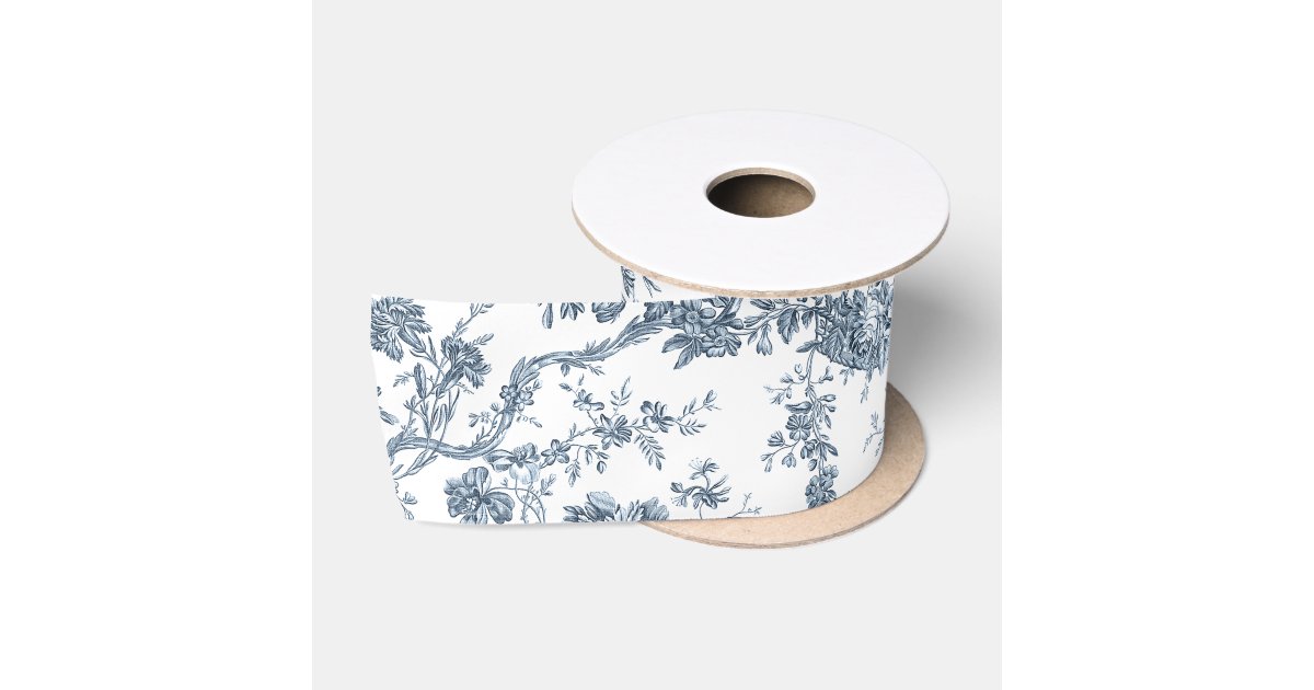 Elegant Vintage French Engraved Floral Toile-Blue Satin Ribbon | Zazzle