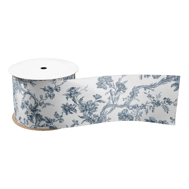 Elegant Vintage French Engraved Floral Toile-Blue Satin Ribbon | Zazzle