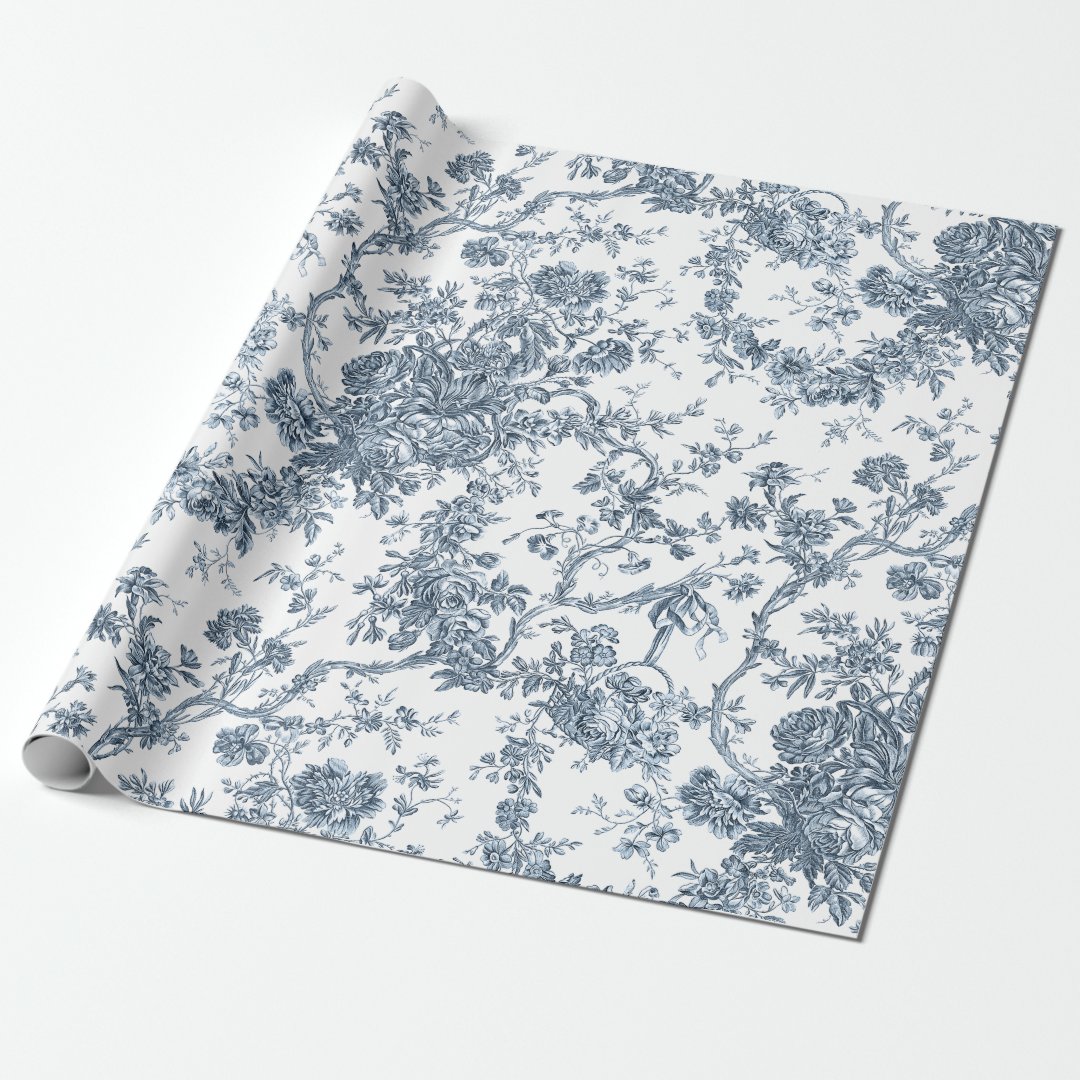Elegant Vintage French Engraved Floral Toile-Blue Wrapping Paper | Zazzle