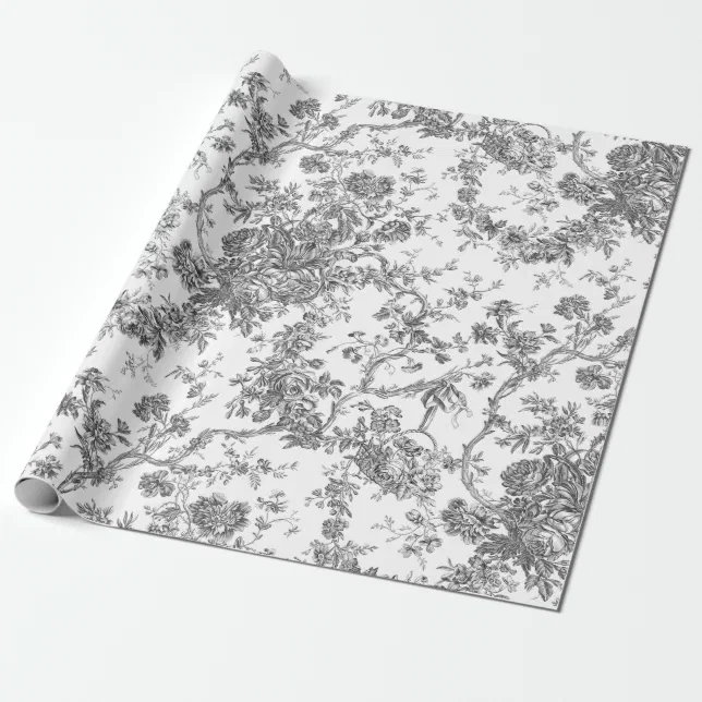 Elegant Vintage French Engraved Floral Toile-Grey Wrapping Paper | Zazzle