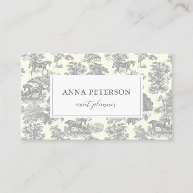 Elegant Vintage Gray Toile Horse Business Card | Zazzle