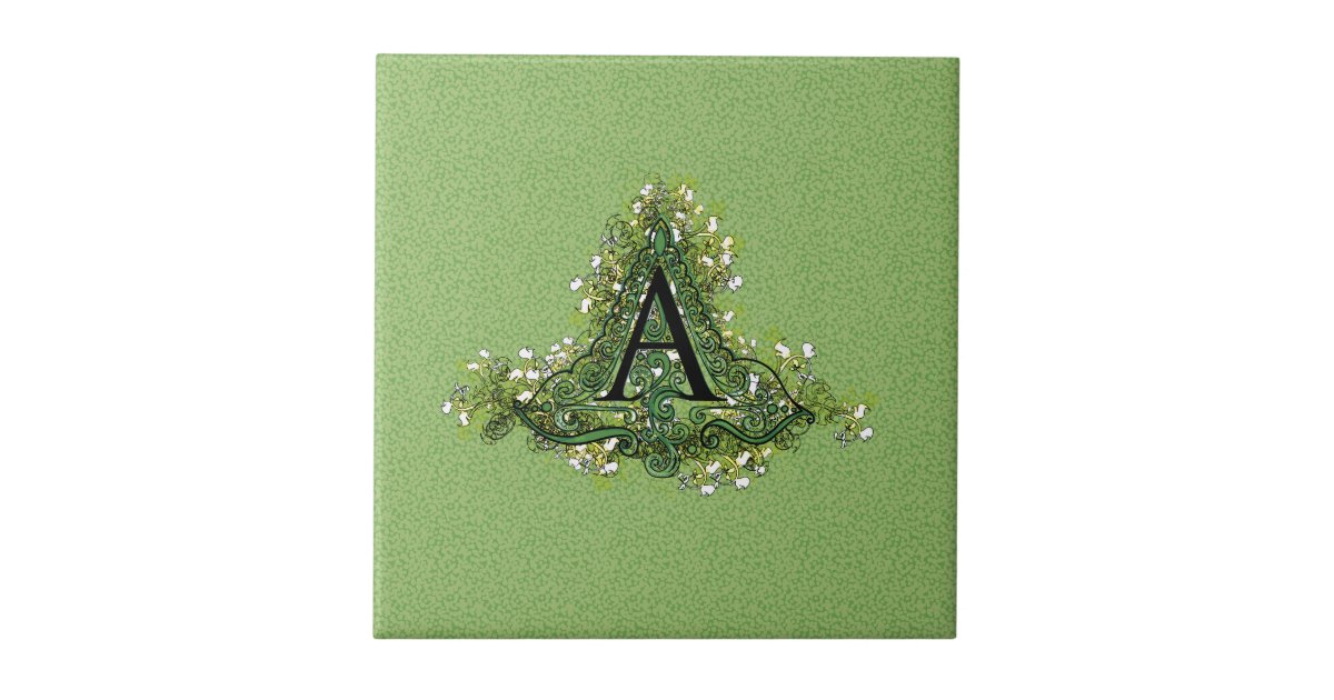 Elegant Vintage green Floral initial A monogram Ceramic Tile | Zazzle