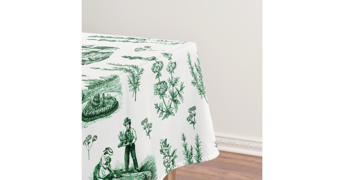 Elegant Vintage Herbal Garden Sage Green Toile Tablecloth | Zazzle