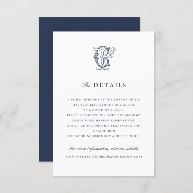 Elegant Vintage Monogram CF Wedding Details Insert Invitation | Zazzle