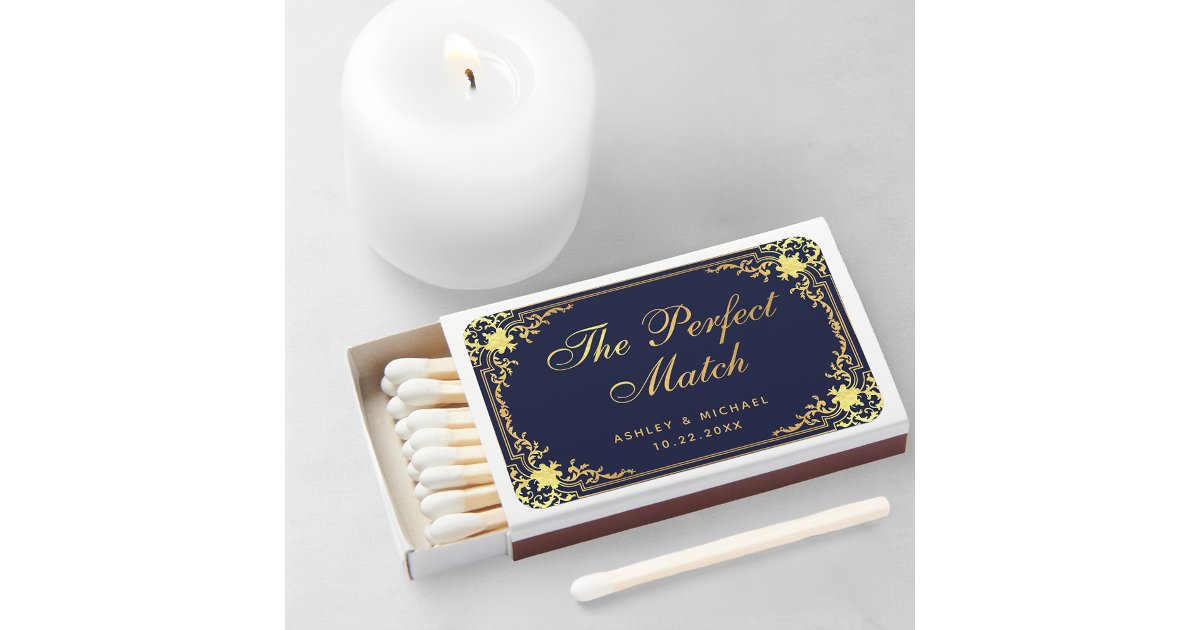 Elegant Vintage Navy Blue Faux Gold Script Wedding Matchboxes | Zazzle