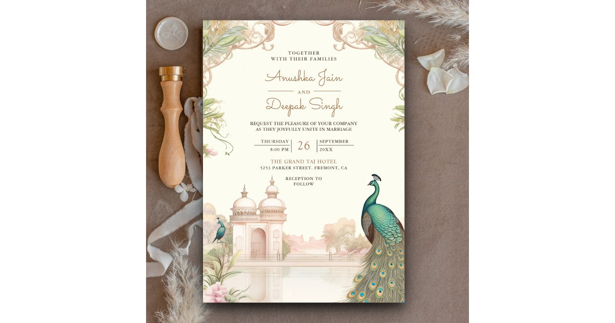 Elegant Vintage Peacock Indian Palace Wedding Invitation | Zazzle