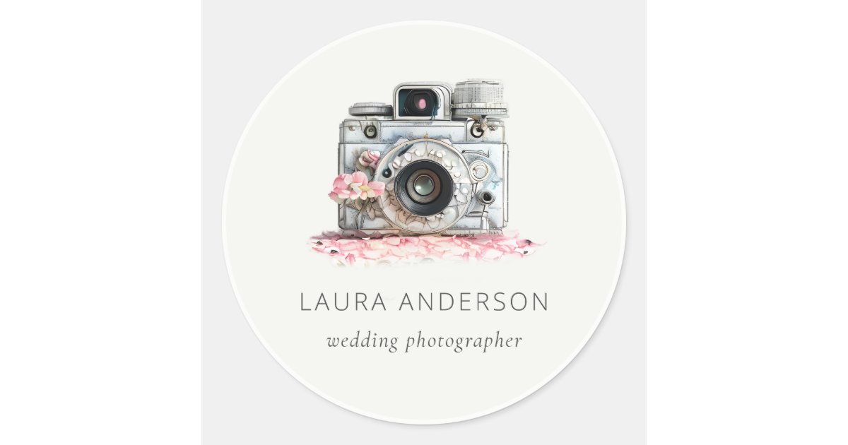 Elegant Vintage Pink Floral Camera Photography Classic Round Sticker ...