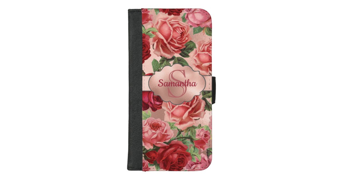 Elegant Vintage Pink Red Roses Floral Monogrammed iPhone Wallet Case ...