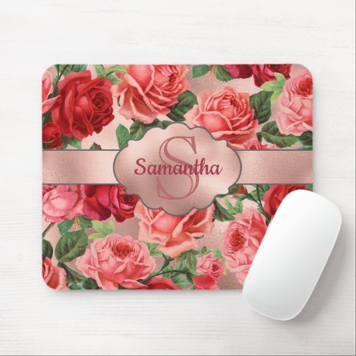 Elegant Vintage Pink Red Roses Floral Monogrammed Mouse Pad | Zazzle