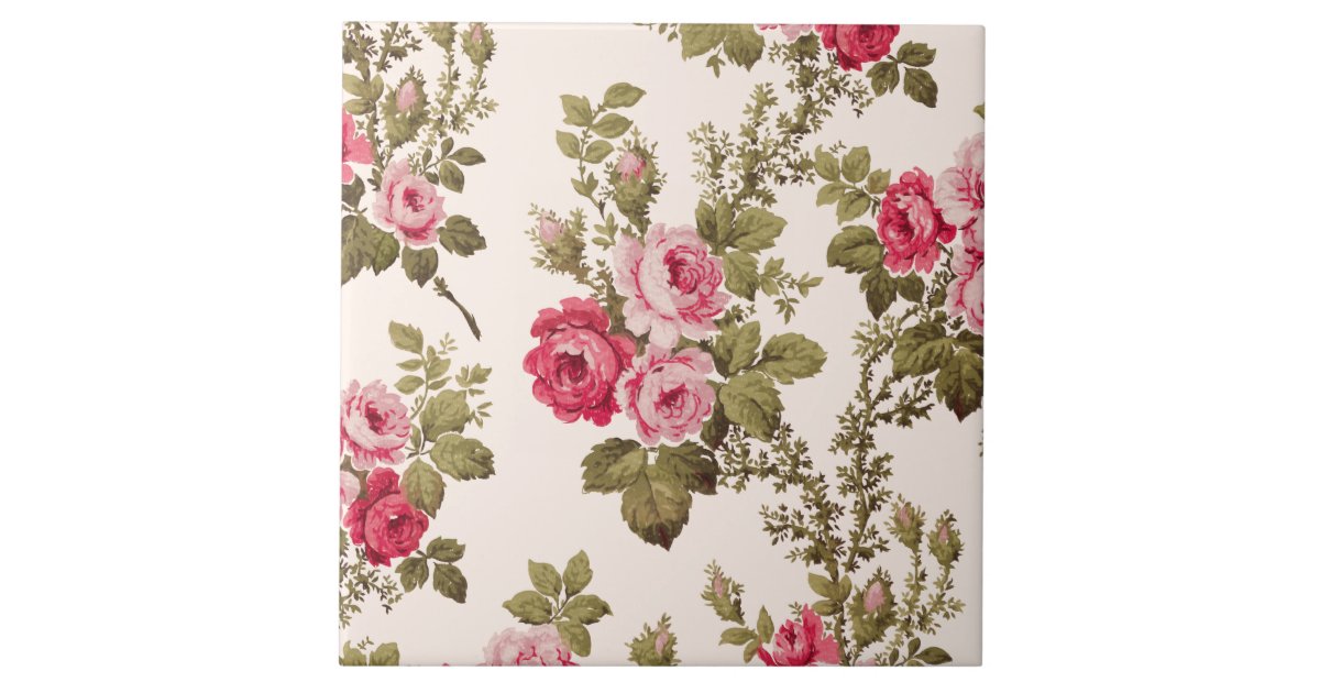 Elegant Vintage Pink Roses-Buff Background Ceramic Tile | Zazzle