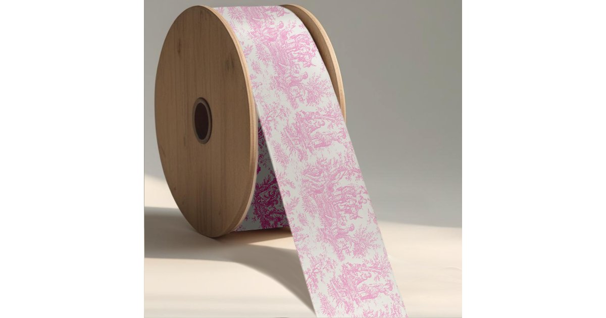 Elegant vintage pink toile de jouy satin ribbon | Zazzle