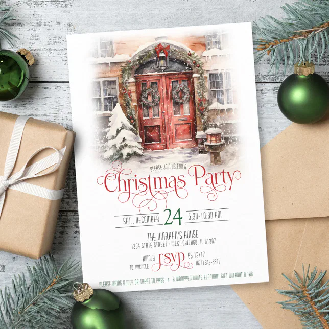 Elegant Vintage Red Door Merry Christmas Party Invitation | Zazzle
