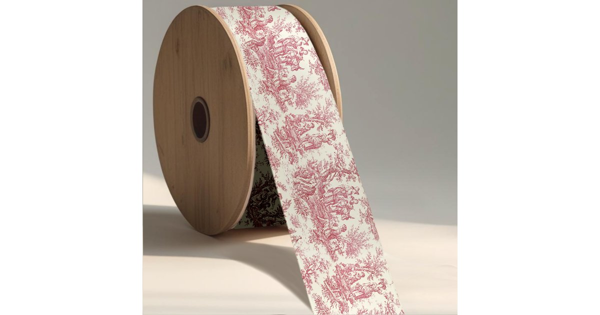 Elegant vintage red toile de jouy satin ribbon | Zazzle