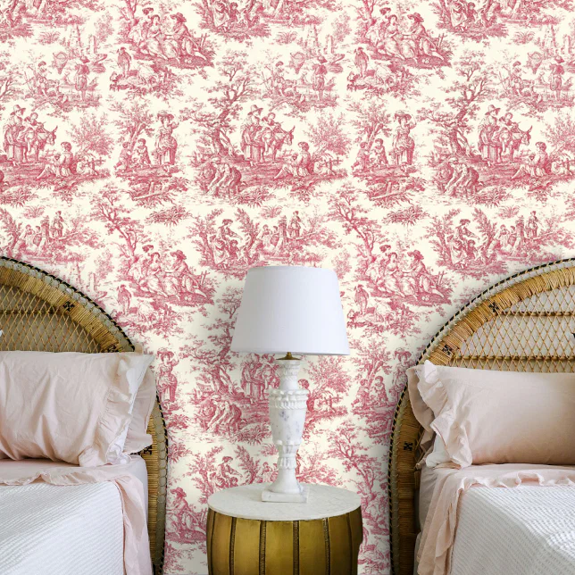 Elegant vintage red toile de jouy wallpaper | Zazzle