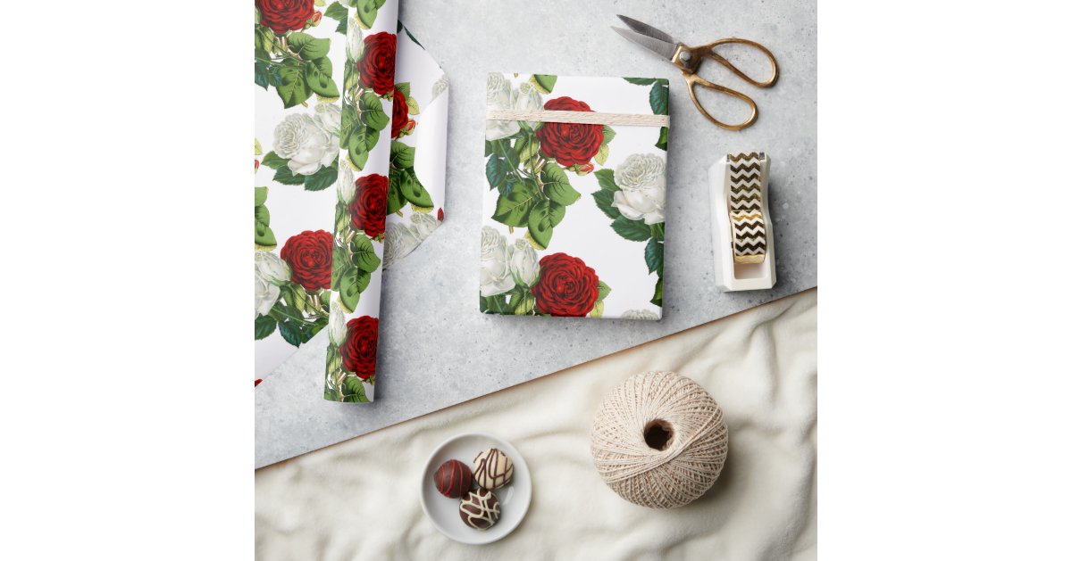 Elegant Vintage Red White Rose Floral Wedding Wrapping Paper | Zazzle