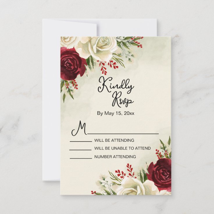 Elegant Vintage Red White Roses Wedding RSVP Card | Zazzle