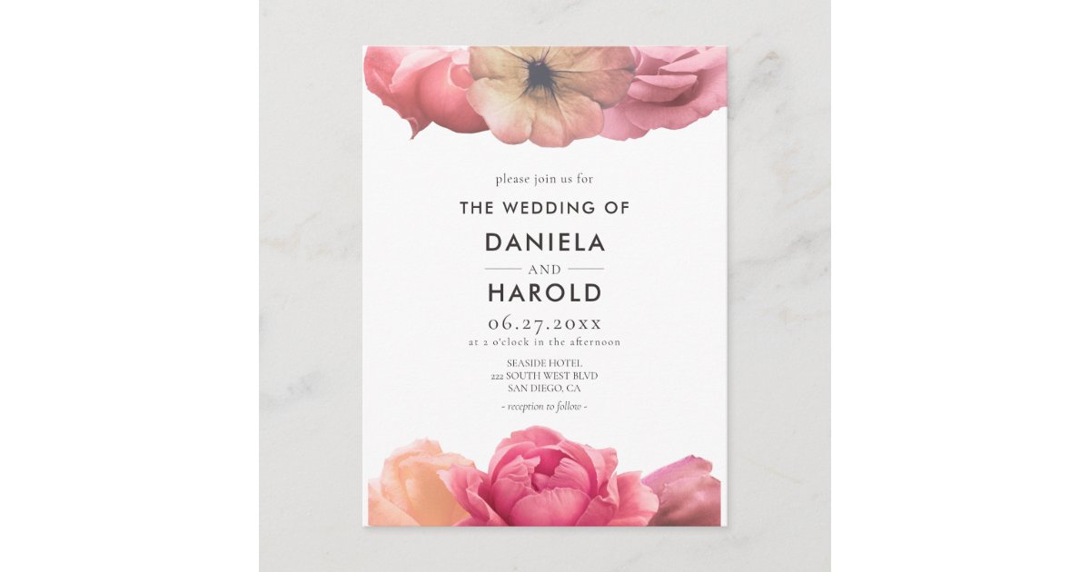 Elegant vintage rose wedding invitation postcard | Zazzle