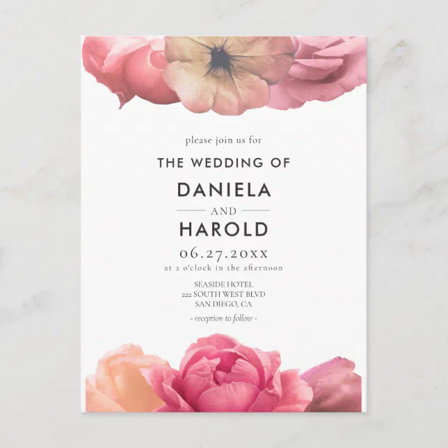 Elegant vintage rose wedding invitation postcard | Zazzle