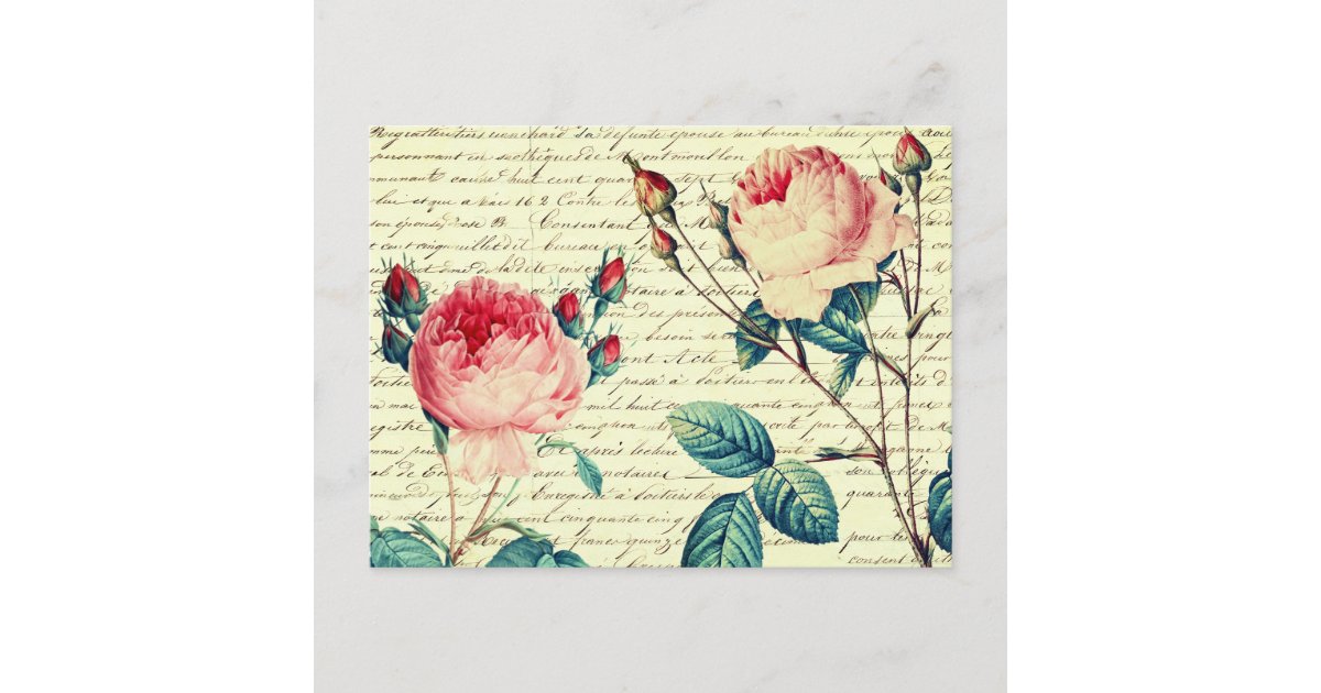 Elegant Vintage Roses on Handwriting French Script Postcard | Zazzle