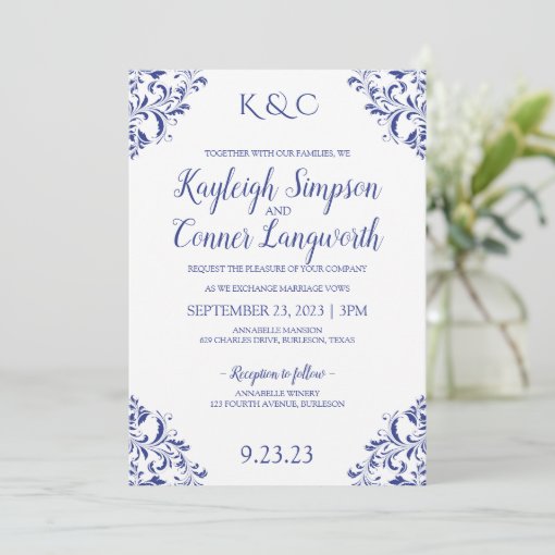 Elegant Vintage Royal Blue Wedding Invitations | Zazzle