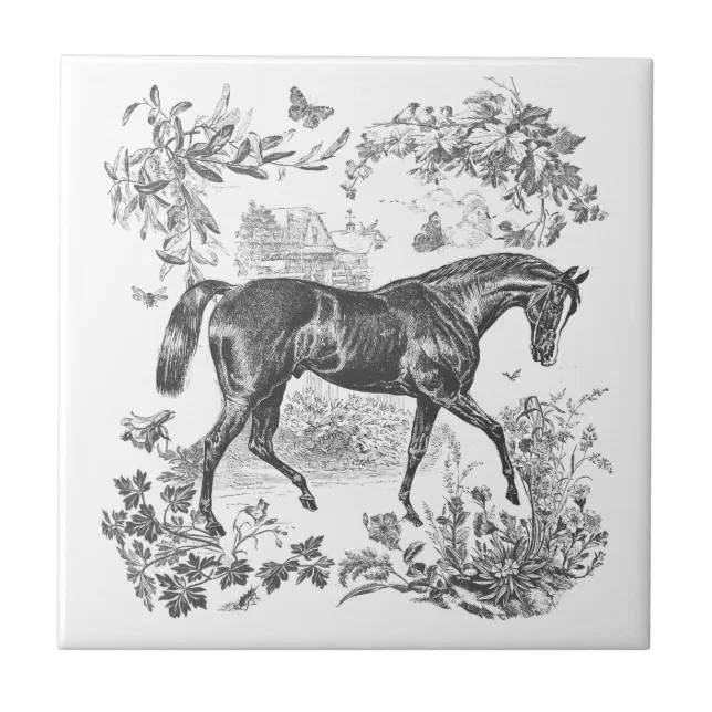 Elegant Vintage Rustic Black Horse Floral Toile Ceramic Tile | Zazzle