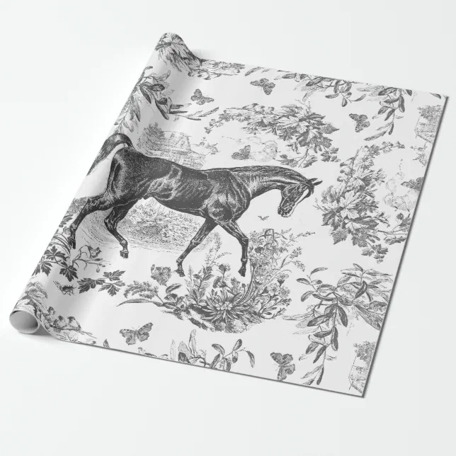 Elegant Vintage Rustic Black Horse Floral Toile Wrapping Paper | Zazzle